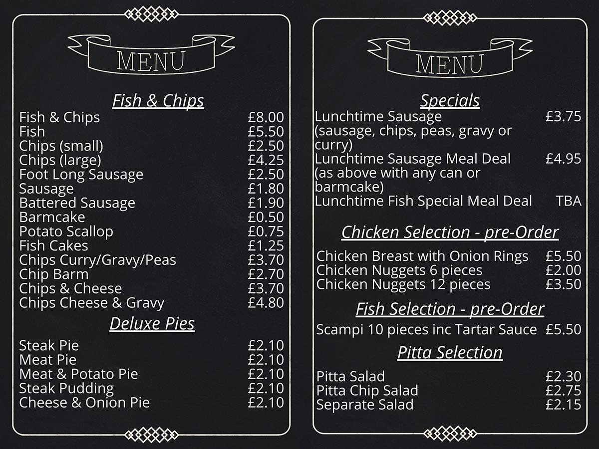 Andreas Fish and Chips Menu, Chippy Penwortham, Preston