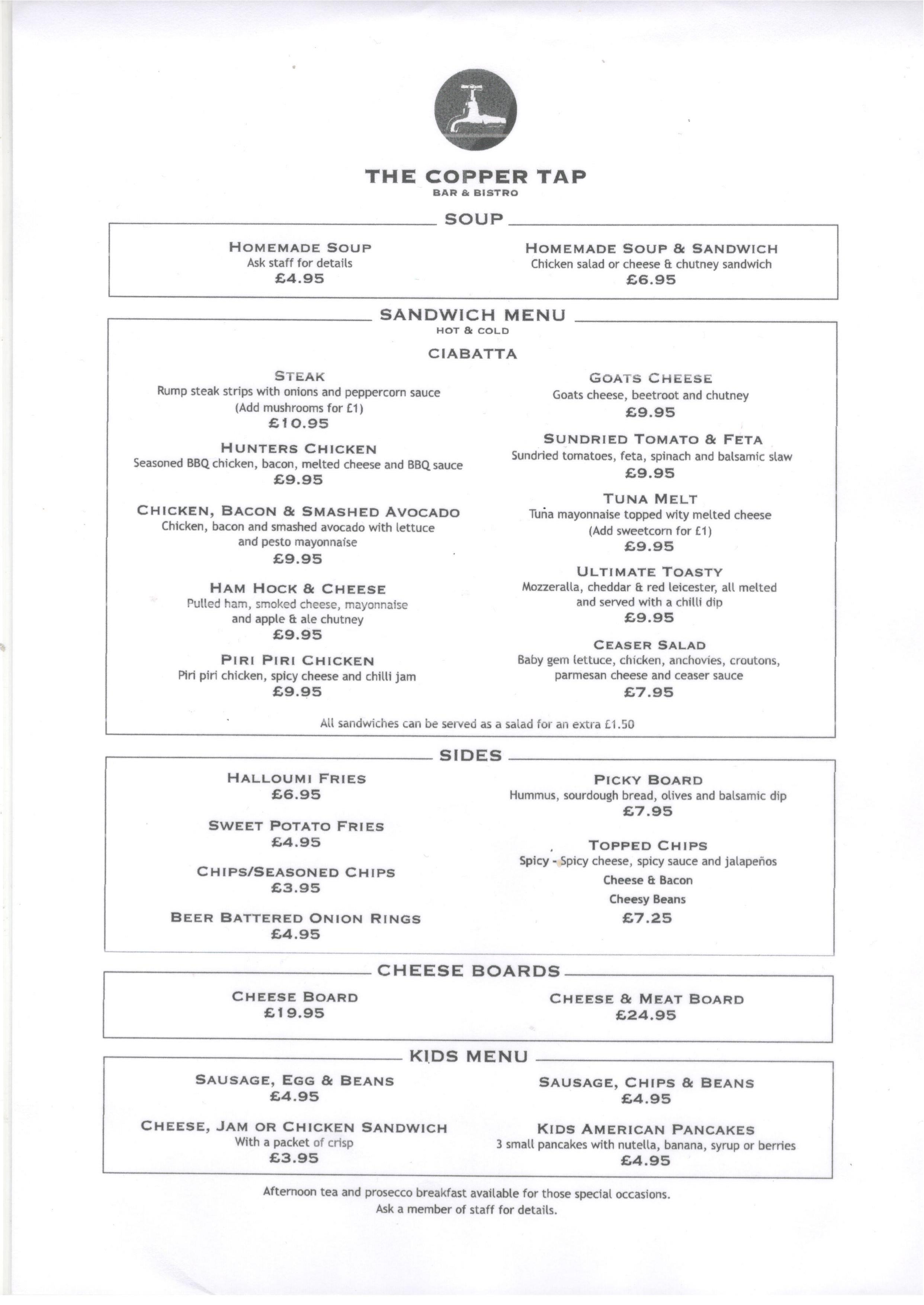 The Copper Tap Menu, Food and Drinks Orrell, Wigan