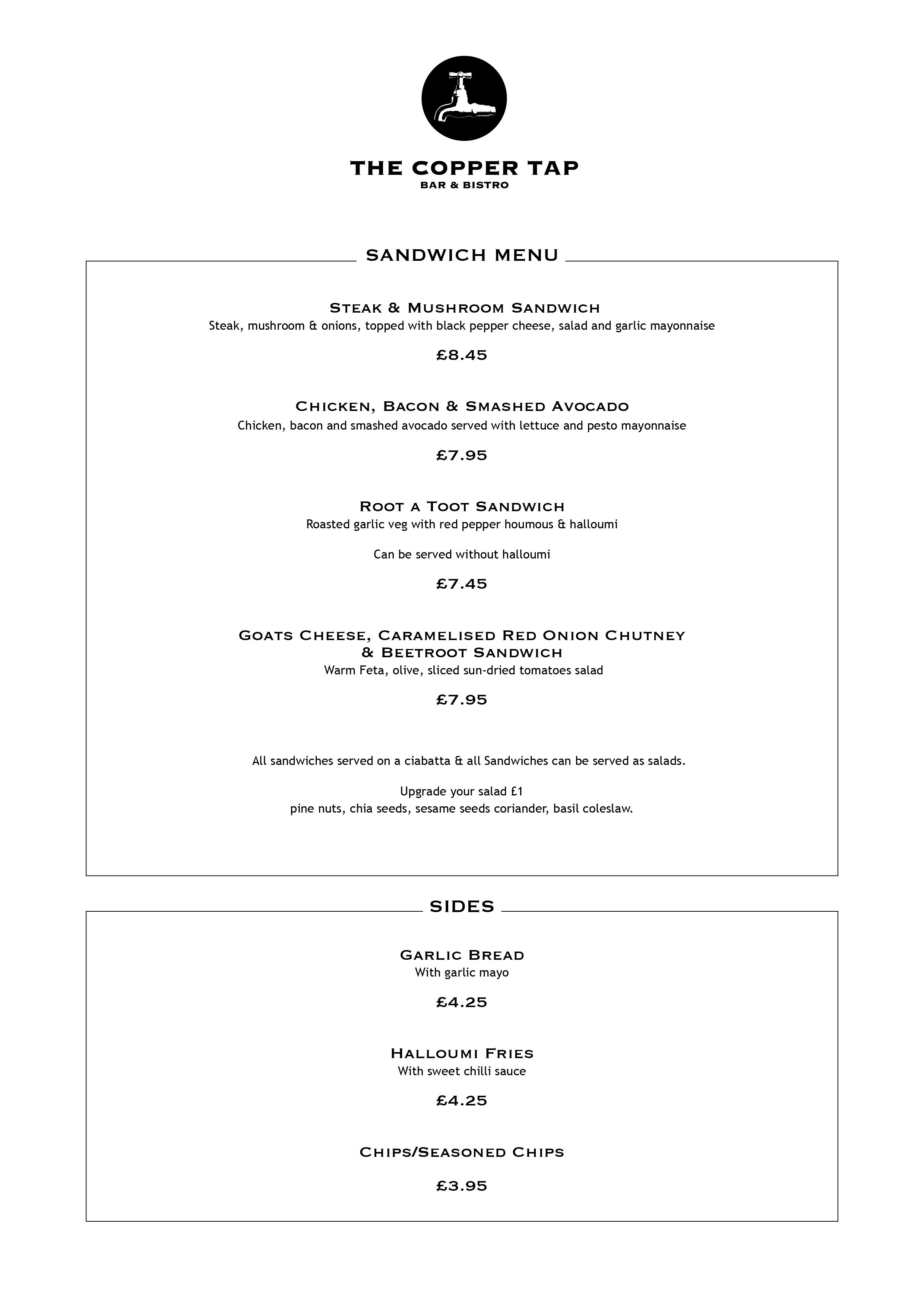 The Copper Tap Menu, Food and Drinks Orrell, Wigan